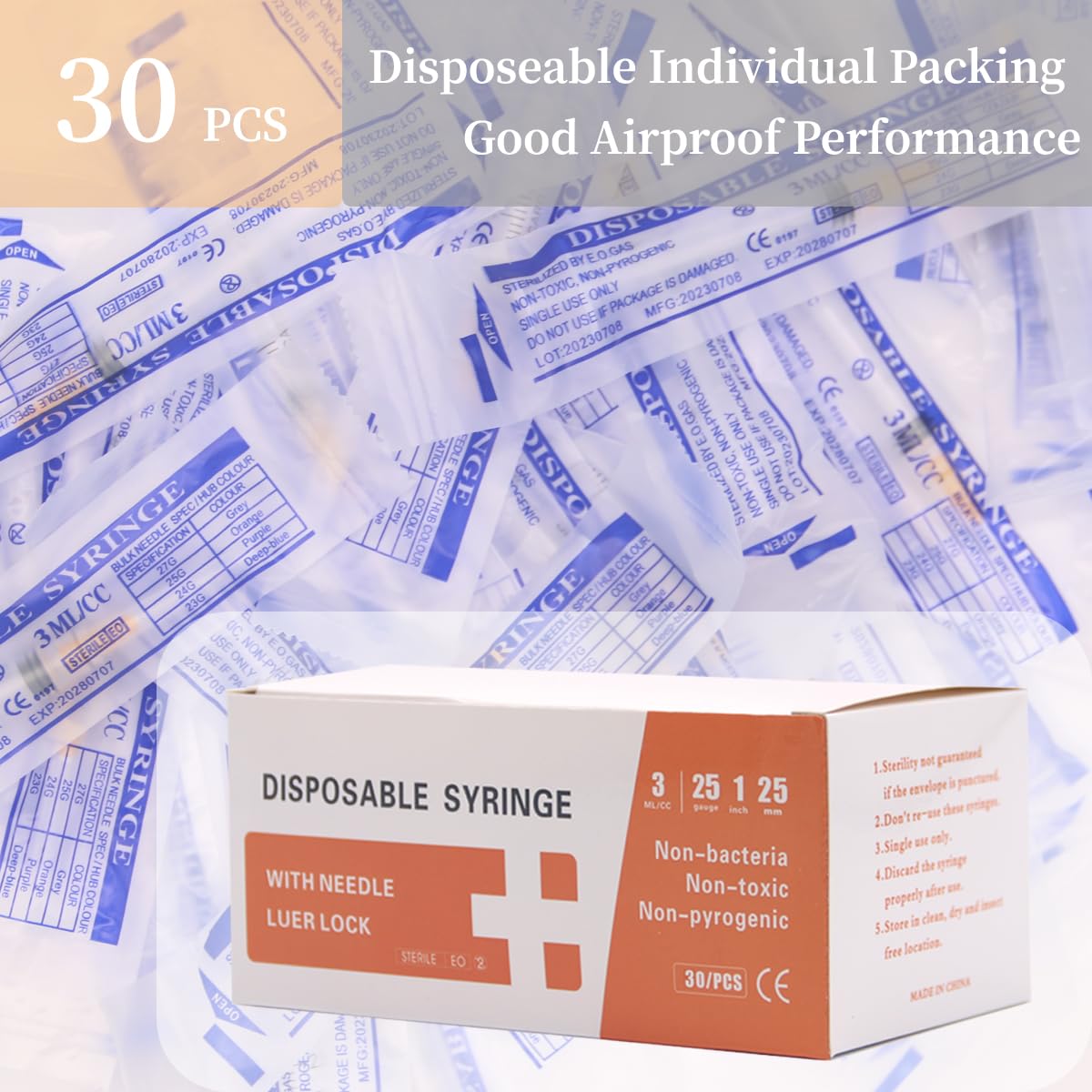 30 Pack 3ml Disposable Syringe with 23Ga 1.0 Inch Needle, Luer Lock Syringes, Individually Wrapped Lab Supplies