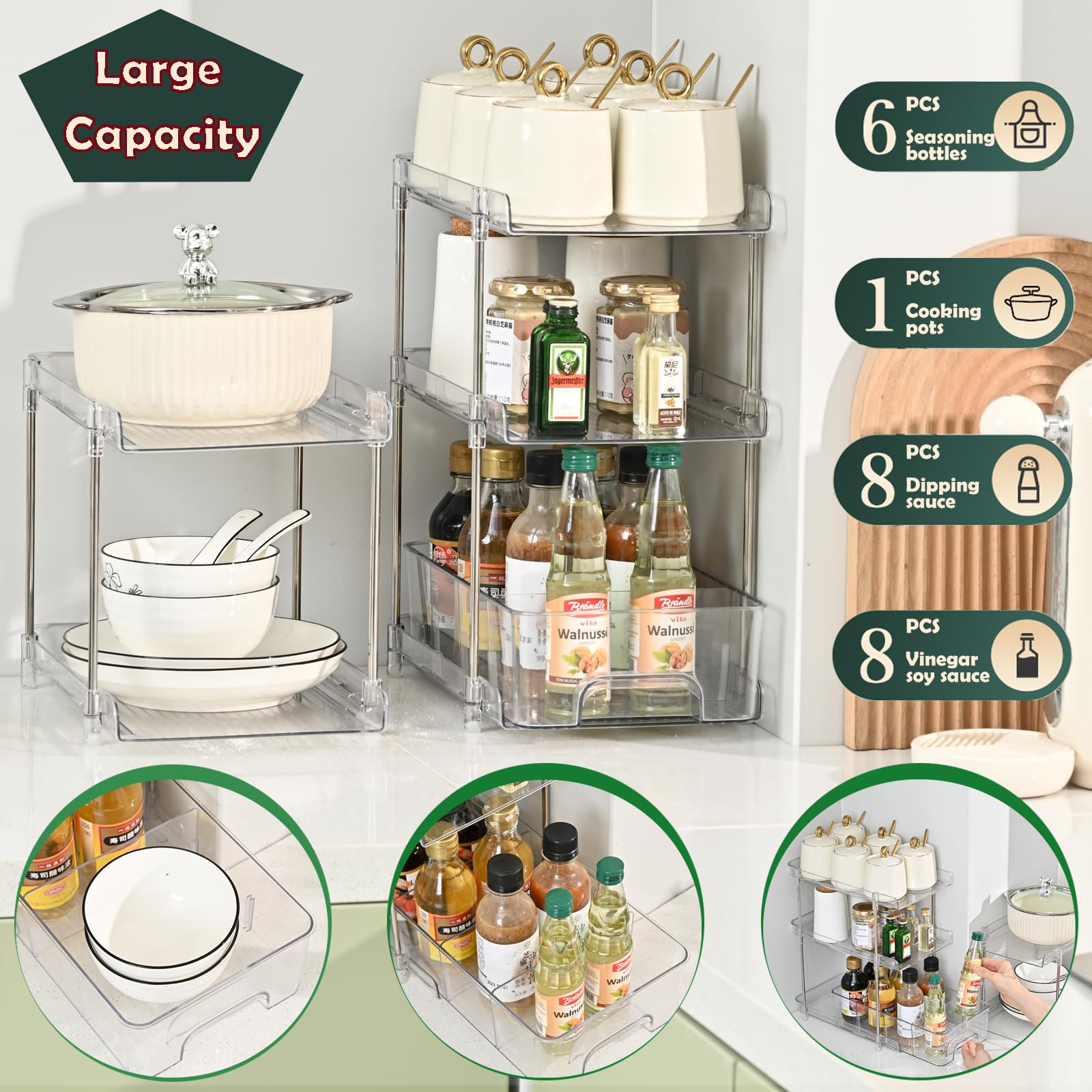 3 Tier Bathroom Organizer with Dividers, Multi-Purpose Clear Under Sink Organizers Storage Slide-Out Container, Bathroom Vanity Counter Organizing Tray, Kitchen Pantry Cabinet Closet (3 Tier)
