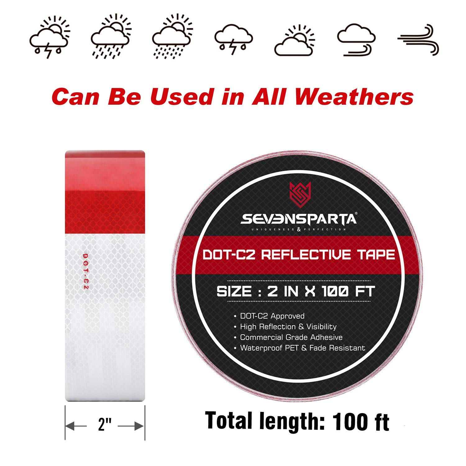 SEVEN SPARTA DOT-C2 Reflective Safety Tape 2 Inch x 200 Feet Red/White Conspicuity Tape for Vehicles, Trailers, Boats, Signs (200 FT)