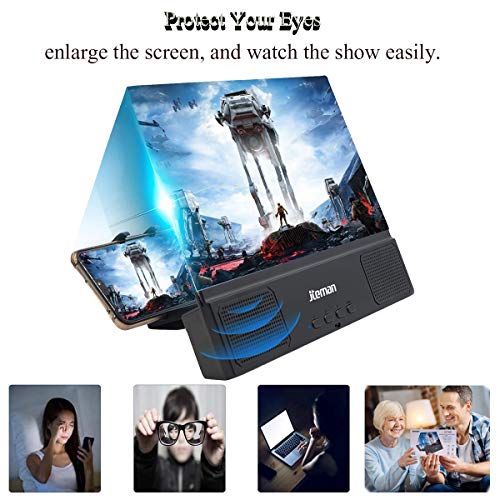 jteman 12'' 3D Mobile Phone Screen Magnifier with Bluetooth Speaker, HD Protable Movies Amplifier with Foldable Holder Stand, Support iPhone Xs Max/X / 8/8 Plus and Android All Smartphones…