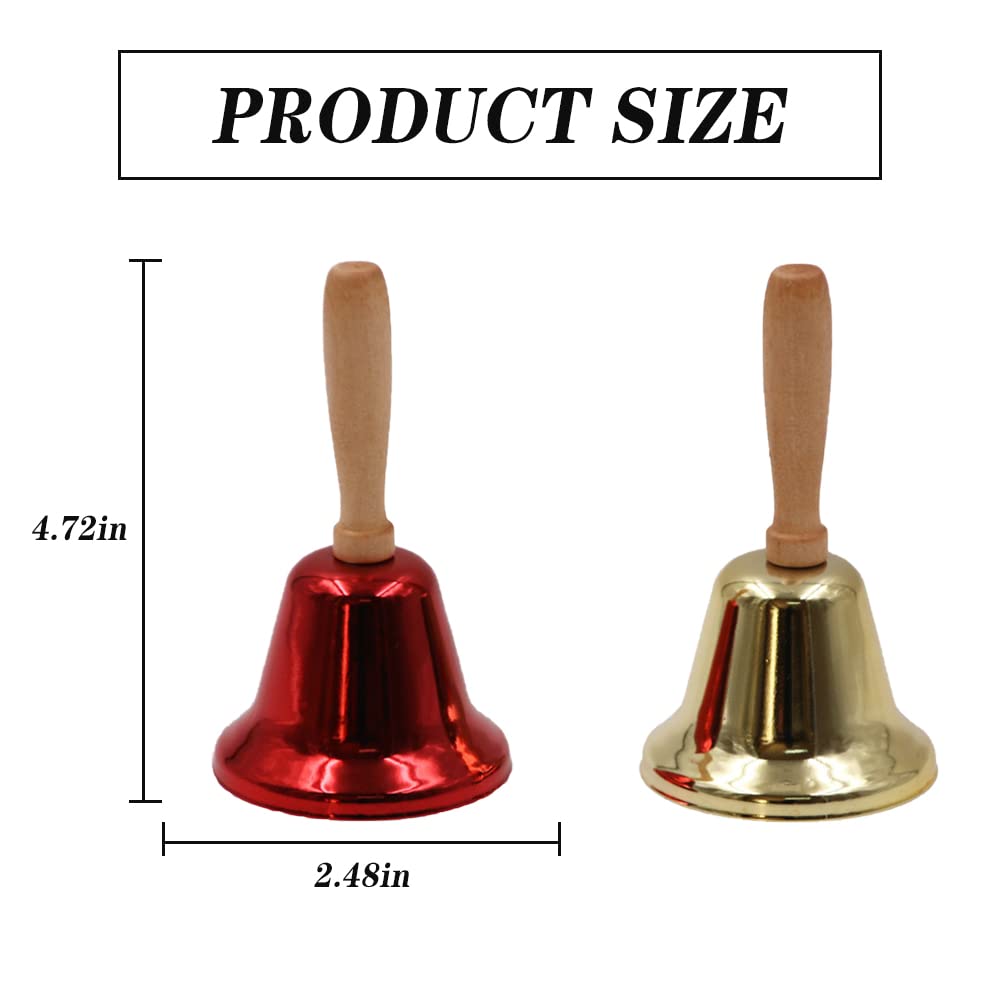 2Pcs Hand Bell - Hand Call Bell Christmas Bells with Handle for Kids and Adults, Hand Bells for Sporting Events Wedding Classroom Church Service and Game (Gold&Red)