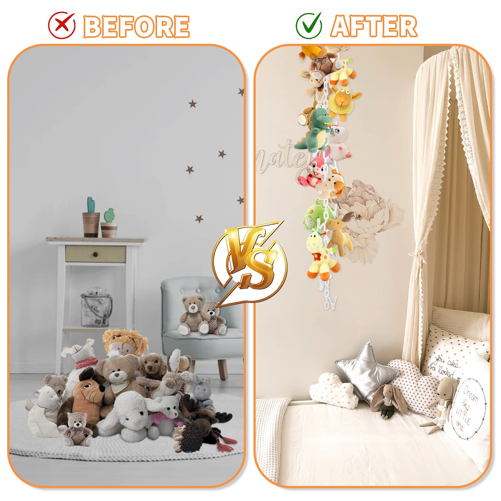 3Pcs- 6.4Ft Plastic Toy Chain Organizer Storage Chain with 60 Clips, Stuffed Animal Storage Teddy Chain with 3 Ceiling Hooks and 3 S-hooks for Hanging Plush Toys Hats Socks Cards (White)