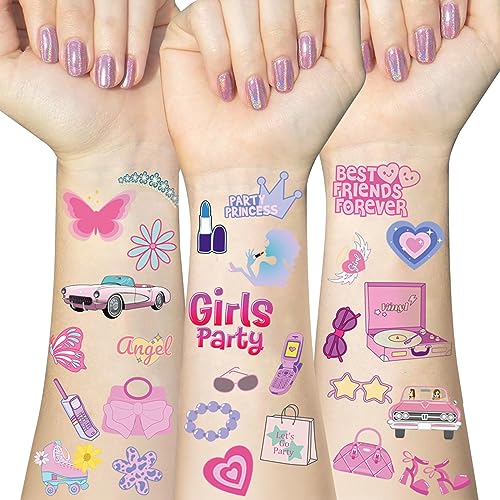 60PCS Hot Pink Tattoos Temporary for Girls, Princess Tattoos Stickers Waterproof Temporary Tattoos for Girls Kids Cute Party Favors Supplies for Birthday Decorations