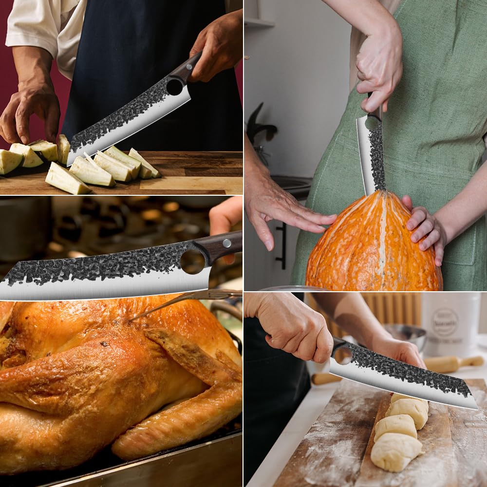 Sharp Chef Knife Hand Forged Meat Cleaver Professional Butcher Knife for Meat&Bone with Ergonomic Handle and Sheath, for Kitchen BBQ Outdoor Camping Ideal Gift (8.3 inch)
