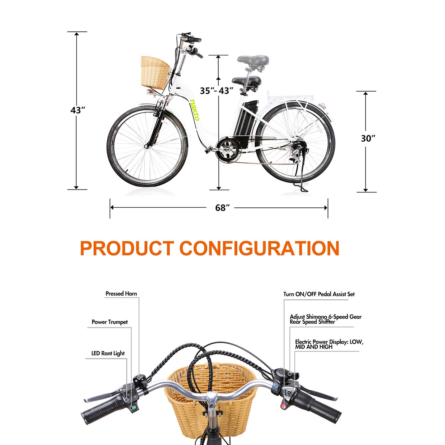 26" 250W Cargo Electric Bicycle 6-Gear Speed Sporting Ebike 36V10A Lithium Battery -Class AAA(White)