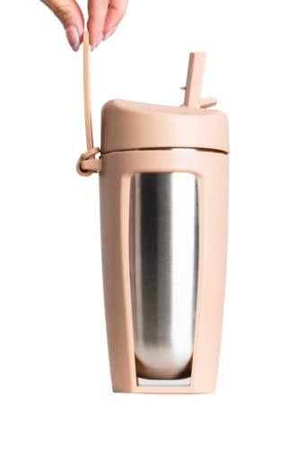 3rdphix Unique Shaped Insulated Stainless Steel Water Bottle, Sweat Proof, Built in Straw, Carry Handle, Hot or Cold Liquids, BPA Free Protein Shaker Bottle, Perfect for Gym 25 OZ / 750ML (Beige)