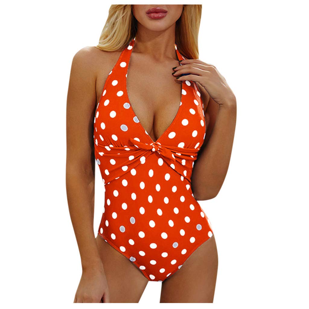 Atezch_ Women Sexy Dot Print Bikini One Piece Swimsuit, Push-Up Pad Swimwear Cami Bathing Suit Beachwear Set (Orange, XL)