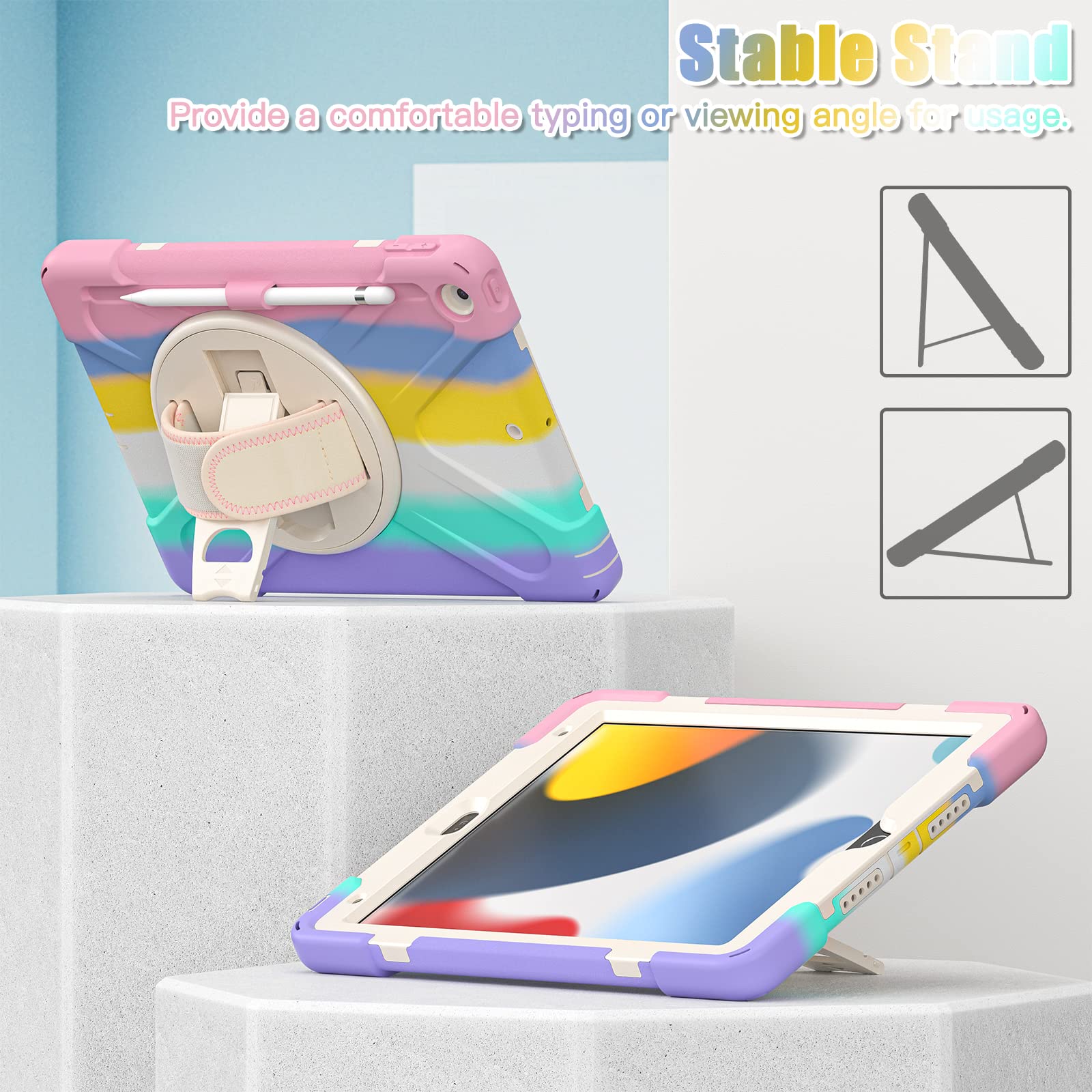 TSQQST iPad 9th 8th 7th Generation Case for Kids Girls 2021 2020 2019 | iPad Case 10.2 Inch Pink Colorful Cute w/Pencil Holder Screen Protector Stand Hand Shoulder Strap for iPad 9th/8th/7th Gen