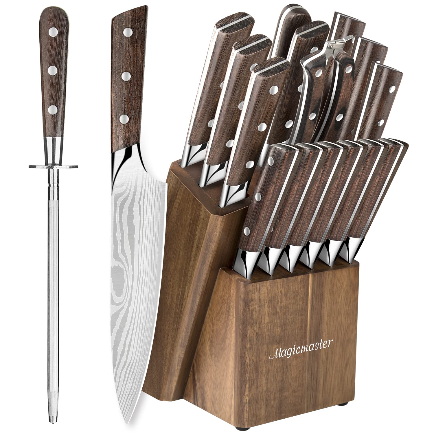 21 Packs Knife Set with Block, 2023 Kitchen Knife Set Sharpener Rod & Finger Guard, Germany High Carbon Stainless Steel Chef Knife Block Set, Ultra Sharp Forged, Brown