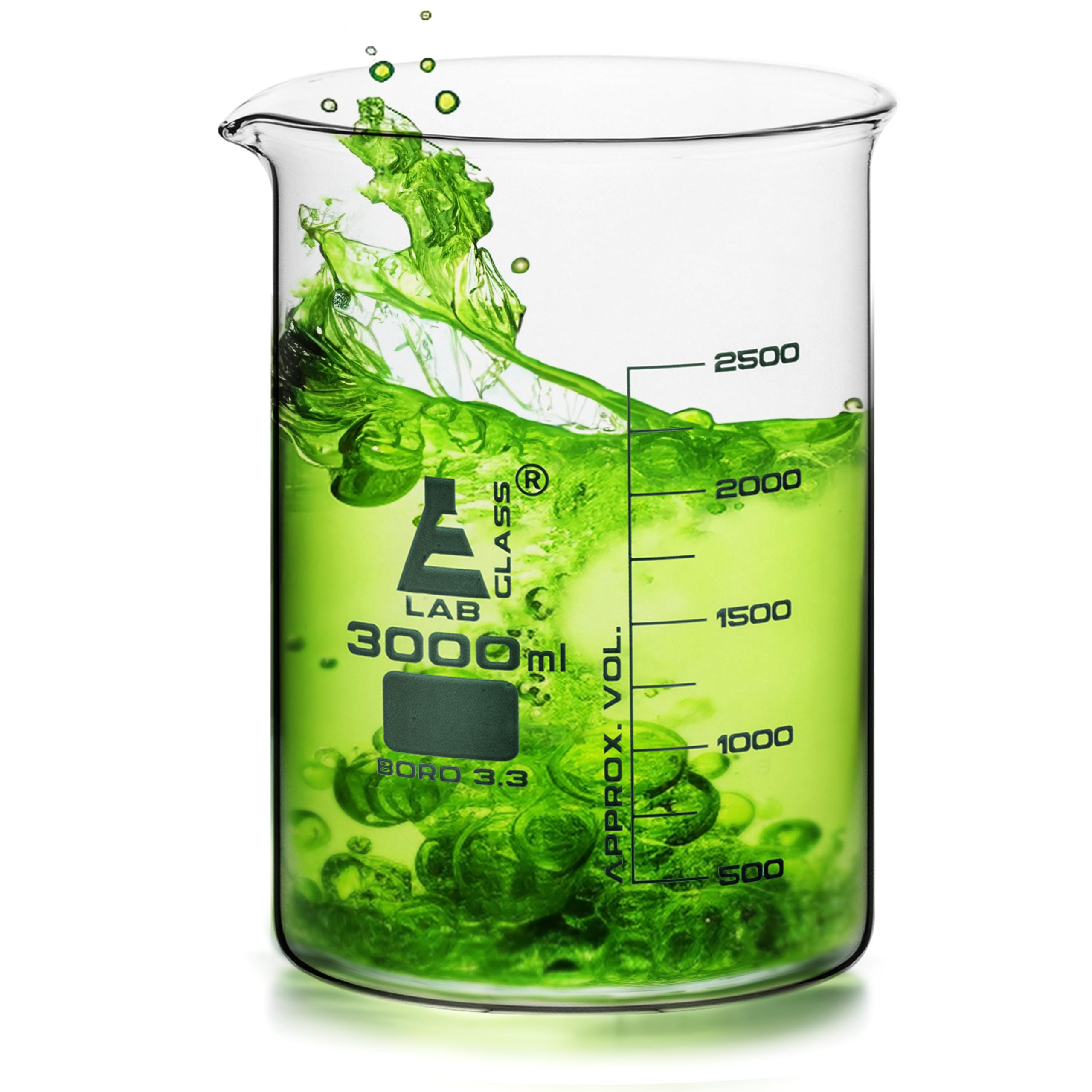 EISCO Beaker, 3000ml - Low Form with Spout - White, 250ml Graduations - Borosilicate 3.3 Glass