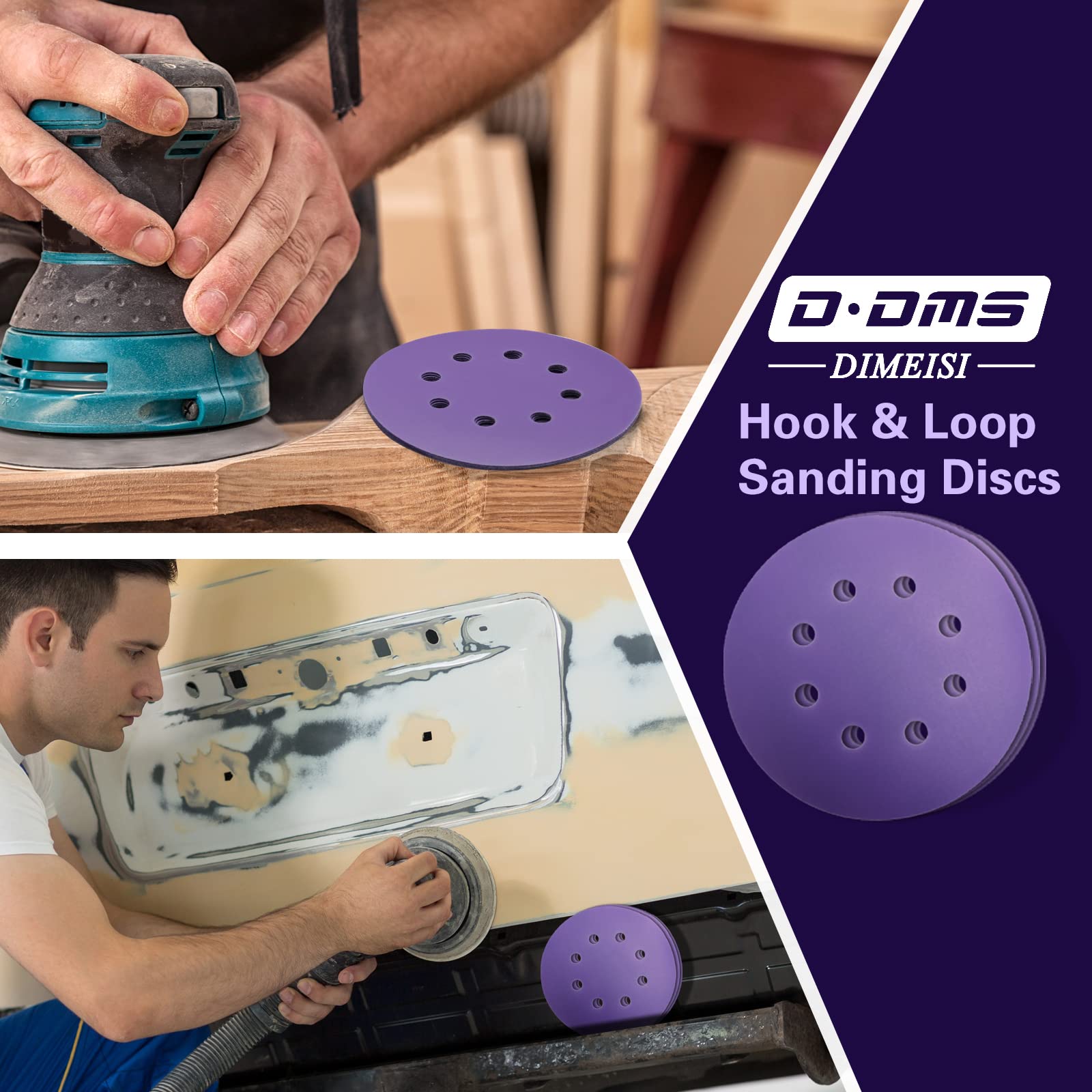 5 Inch Purple Film Sanding Discs, 8 Hole Hook and Loop Ceramic Alumina Sandpaper for Woodworking and Automotive