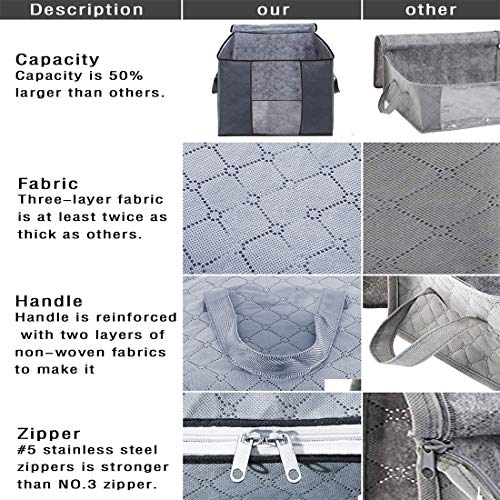 Kernorv Large Capacity Clothes Storage Bags, Set of 3 Breathable Foldable Durable Thick Fabric blanket Closet Organizer with Sturdy Zipper for Clothes,Comforters,Blankets,Pillows,Bedding (Grey)