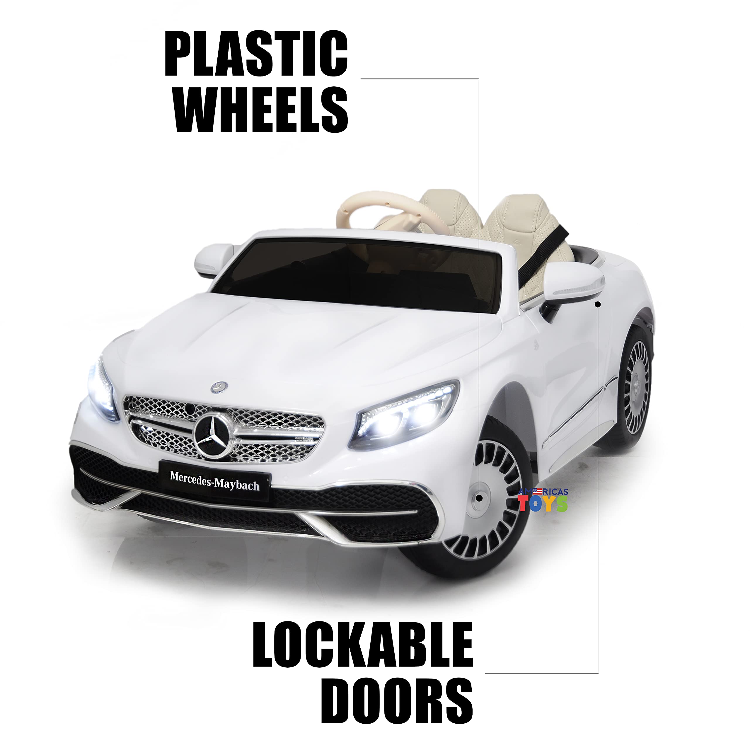 Americas Toys Car for Kids to Drive with Leather Seat, Mp4 Player, Bluetooth, Remote Control – Ride in Vehicle One Seater with Open Doors, 5 Point Safety Belt, Compatible with Mercedes Maybach White