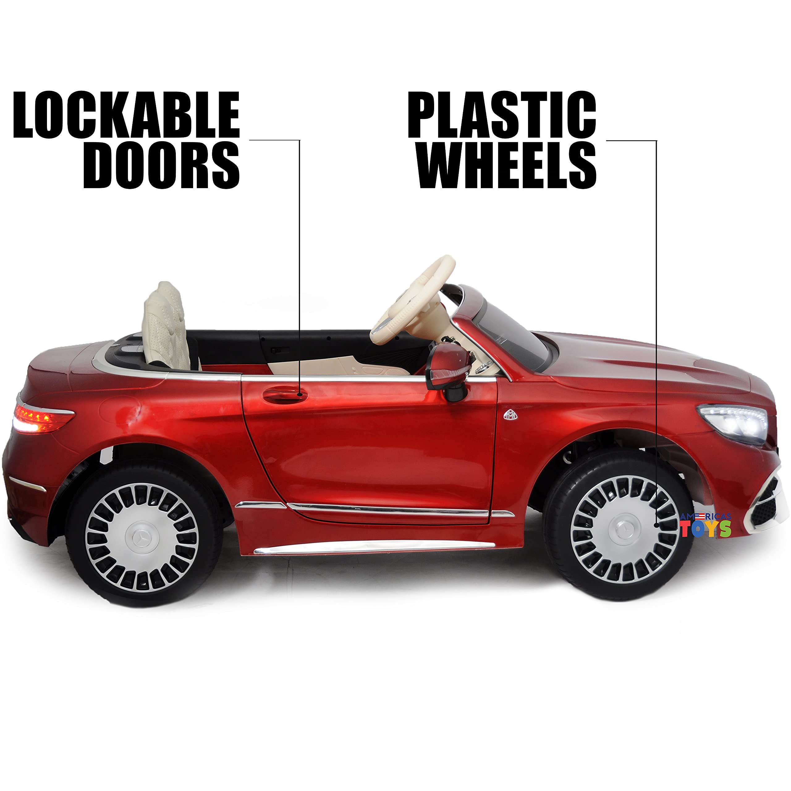 Americas Toys Kids Car with Mp4 Touchscreen, Bluetooth, Remote Control, Leather Beige Seat β Electric Car One Seater with Open Doors, 5 points Safety Belt, Compatible with Mercedes Maybach Painted Red