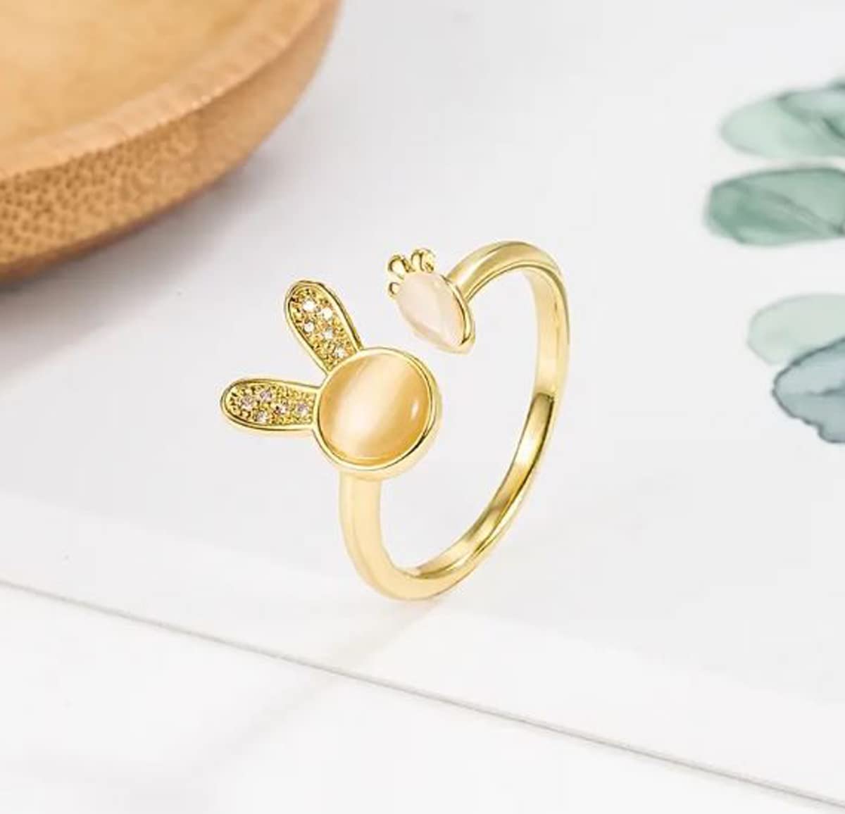 14K Gold Plated Copper Cute Bunny Rabbit Animal and Carrot Adjustable Ring Jewelry for Women