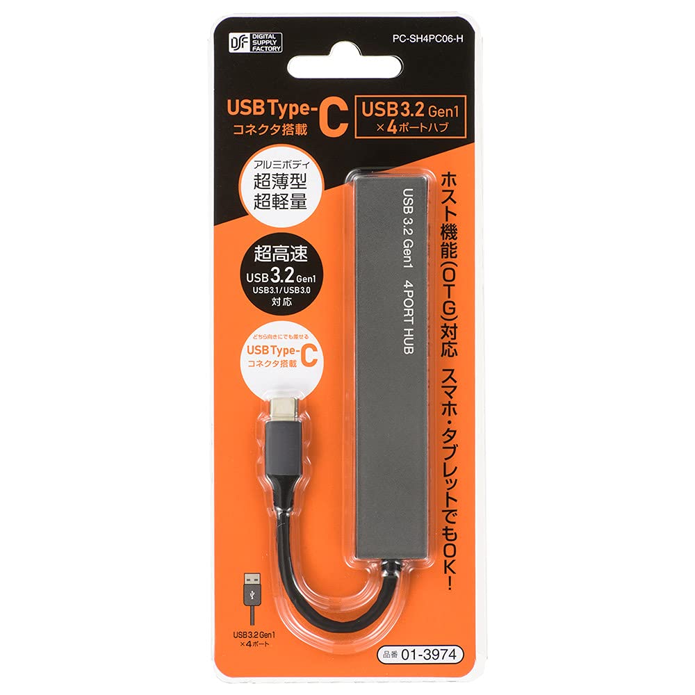 Ohm Electric USB Hub Type A 4 Port USB 3.2 Gen1 Compatible USB Type C Connector PC-SH4PC06-H 01-3974 OHM Black