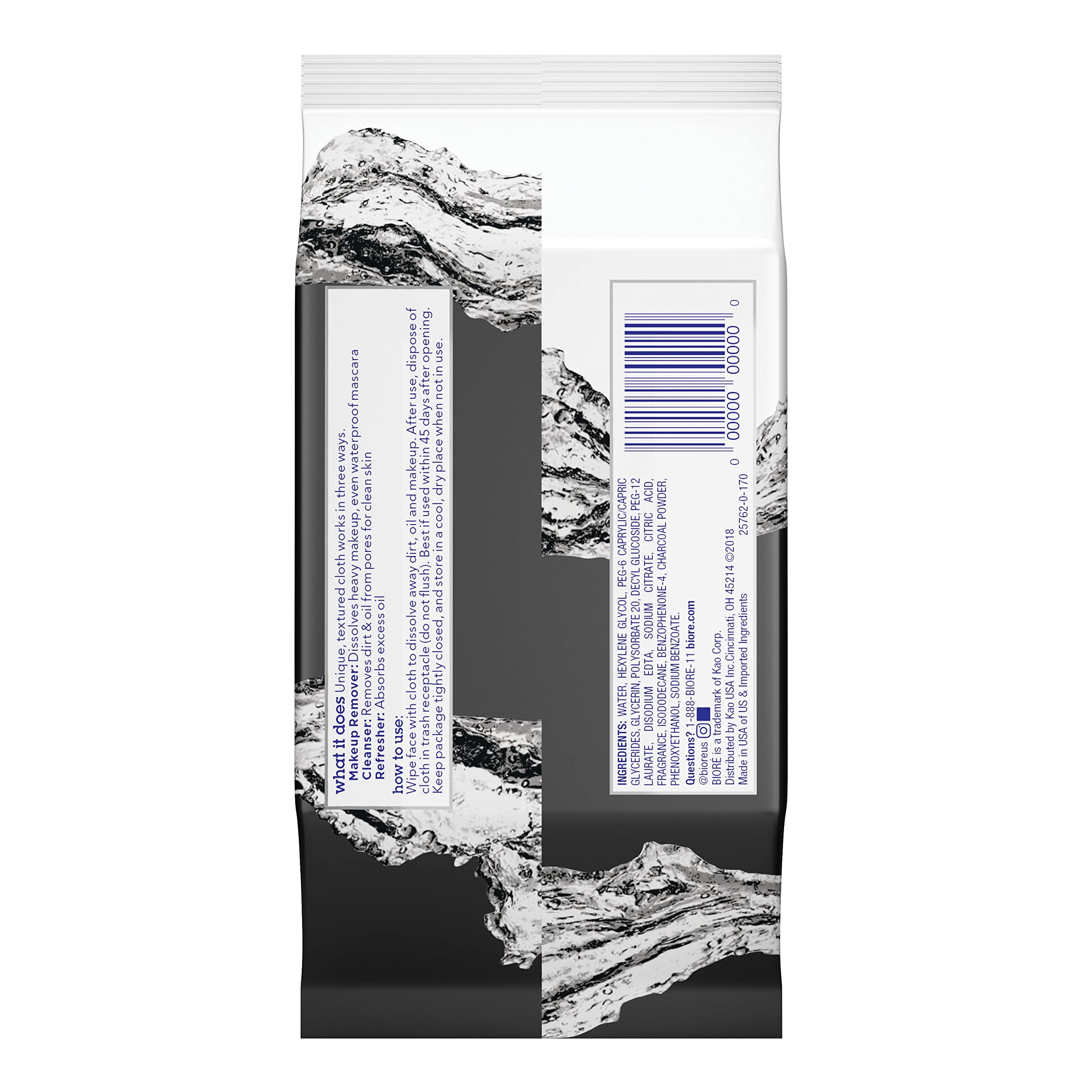 Bioré Charcoal Makeup Removing Cloths, with Micellar Cleansing Water, No-rinse Makeup and Oil Removal, for Oily Skin, 25 Count