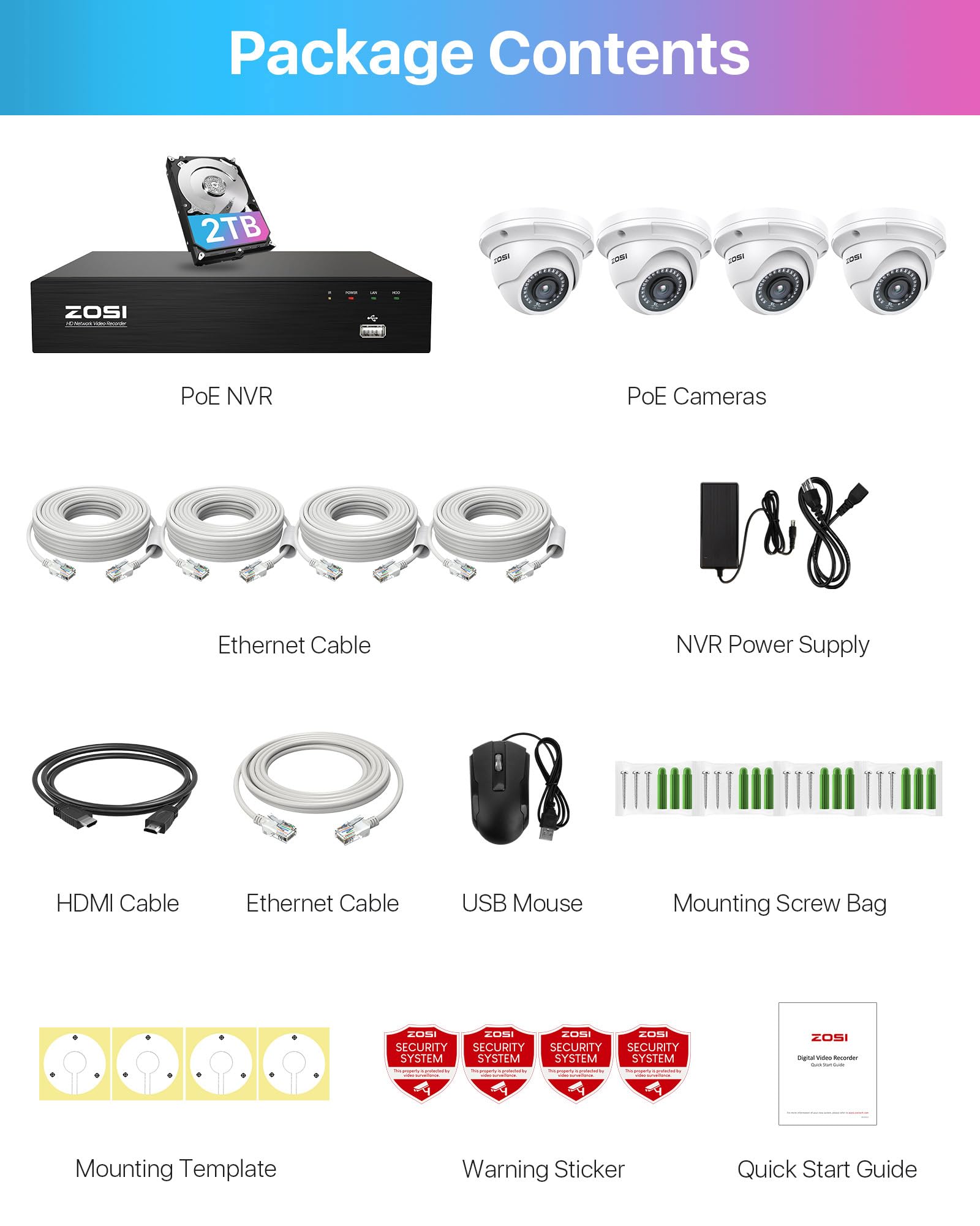 ZOSI 8CH 4K PoE Home Security Camera System with 2TB Hard Drive,4pcs 3K 5MP Indoor Outdoor IP Dome Cameras,Night Vision,Motion Detection,Remote Access,8 Ports 16CH 8MP NVR Recorder for 24/7 Recording