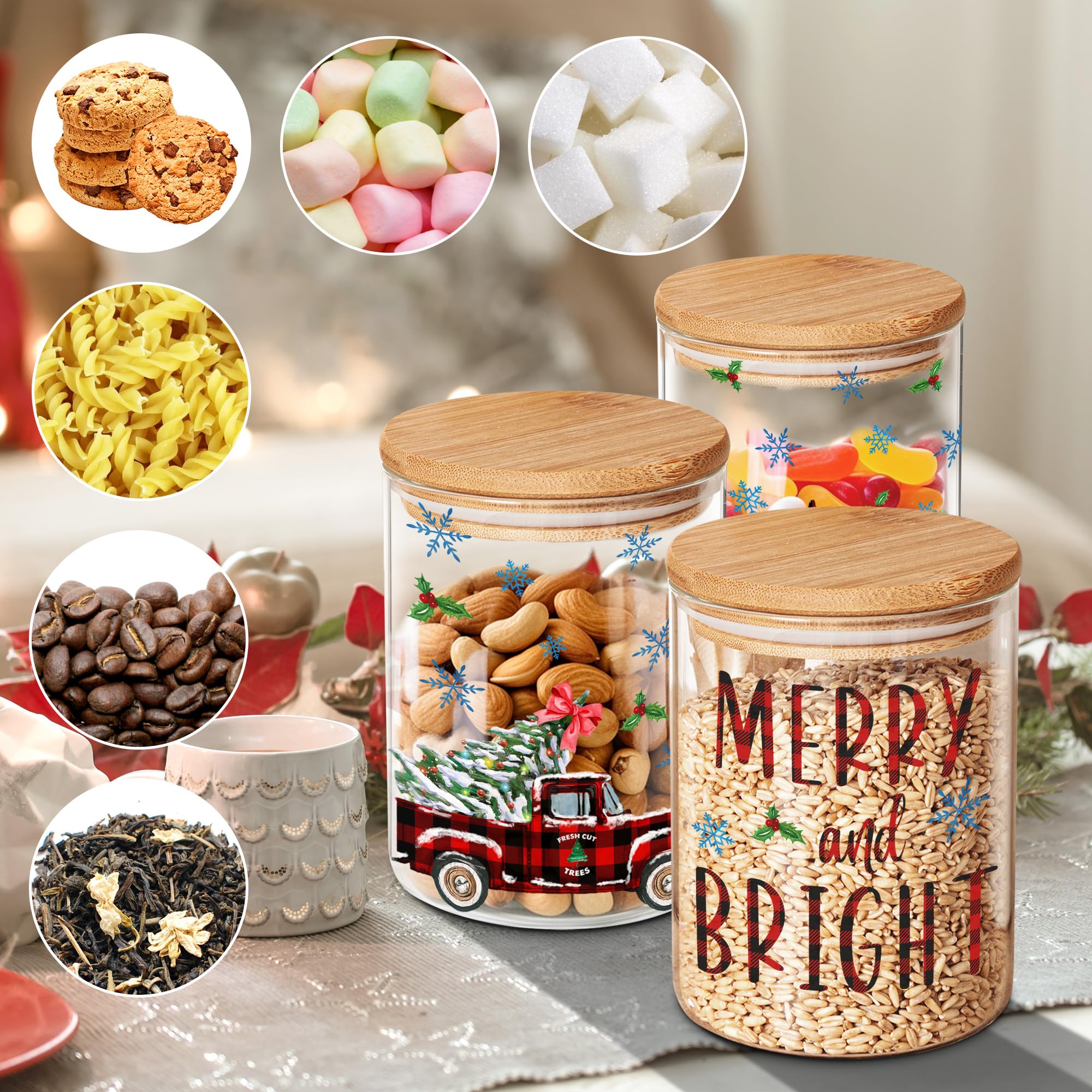 3-Pack Buffalo Plaid Christmas Canister Sets with Airtight Lids - Kitchen Counter Decor Gifts