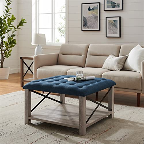 Walker Edison Abri Modern Farmhouse Metal X Tufted Ottoman, 30 Inch, Blue