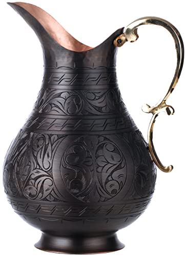 DEMMEX The Pitcher, 1mm Solid Copper Handmade Engraved Copper Pitcher Vessel Ayurveda Jug for Drinking Water, Moscow Mule, Cocktail (Antiqued-Engraved)