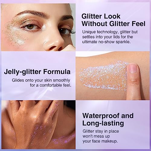 Body Glitter Gel, Quick-Drying & Self-Adhesive Face Glitter, Rave, Concert Glitter Makeup, Holographic Eye,Lip,Hair Glitter, Sparkle Accessories, Cosmetic Grade Sequins(#02 Stardust Pink)
