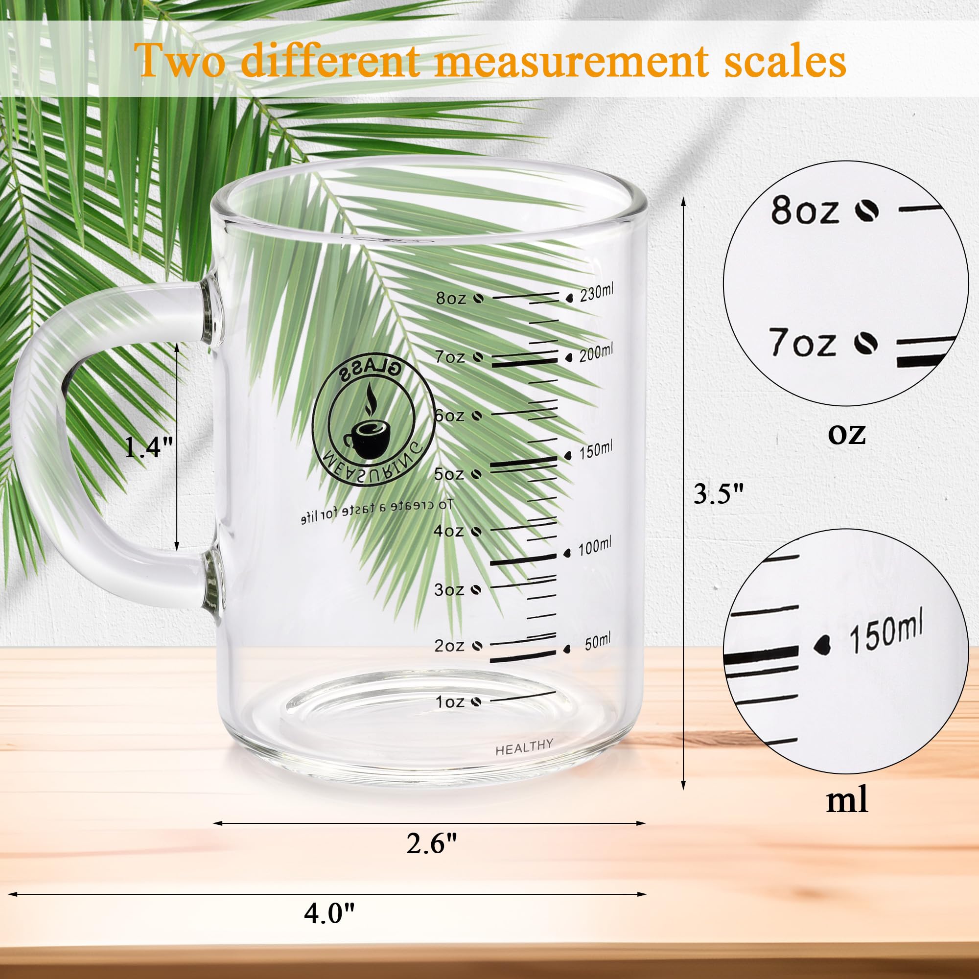 8 Oz Glass Measuring Cup,Espresso shot glasses,Clear Coffee Mugs for Hot or Cold Glass Expresso Small Coffee Cup with Glass Handle,Microwave Safe Graduated High Borosilicate Glass Cup (Black)