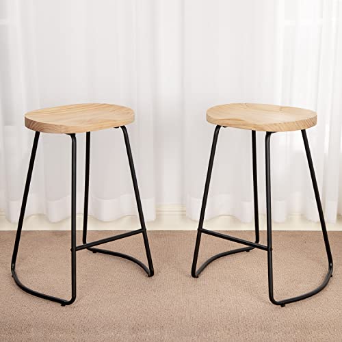 HeuGah Bar Stools, Solid Wood Barstools Set of 2, 26" Counter Height Bar Stools with Metal Leg,Rustic Backless Bar Stools for Kitchen Island,Bar Chairs with Solid Wood Saddle Seat (Burlywood, 26 Inch)