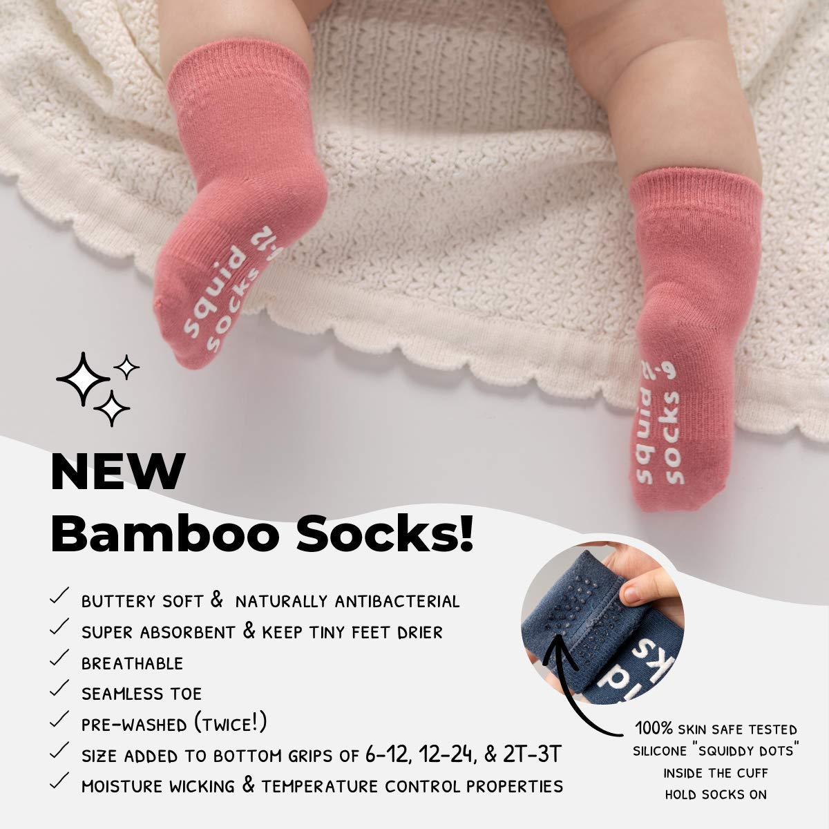 squid socks Girls Viscose from Bamboo Socks | 0-6M, 6-12M, 12-24M, & 2T-3T | Grip Socks that Stay On | As Seen on Shark Tank | Chanel