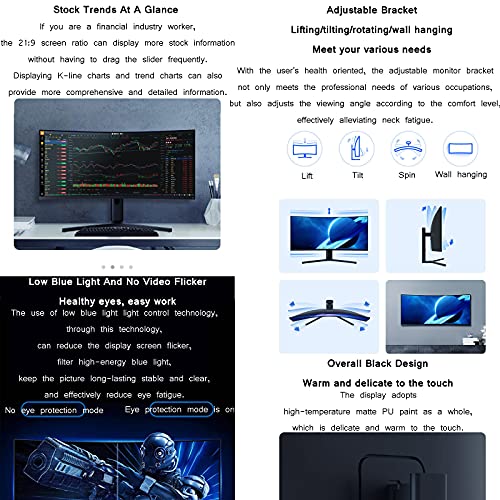 YILANJUN 34-Inch LCD LED Gaming Monitor, Commercial Office Display 1500R 21:9 Curved Screen, 144Hz / 3440 × 1440 WQHD, 4ms, 2 HDMI 2.0, 2 DP 1.4, Audio, Support Lifting/Rotating/Wall Hanging