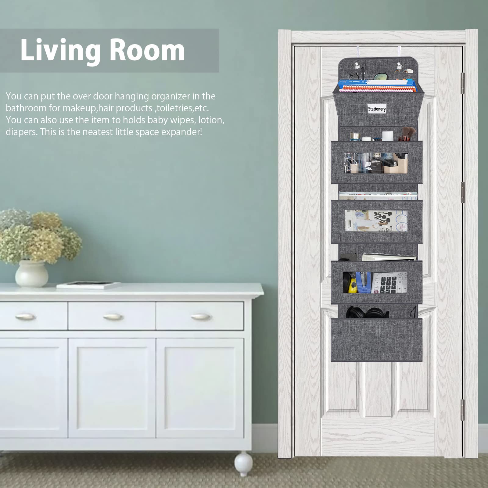 VERONLY Over The Door Organizer, Hanging Pantry Storage - Behind Door Organizer with 4 Large Pocket and a Mail Organizer for Baby, Nursery, Diapers, Clothes, Bedroom(Dark Grey)