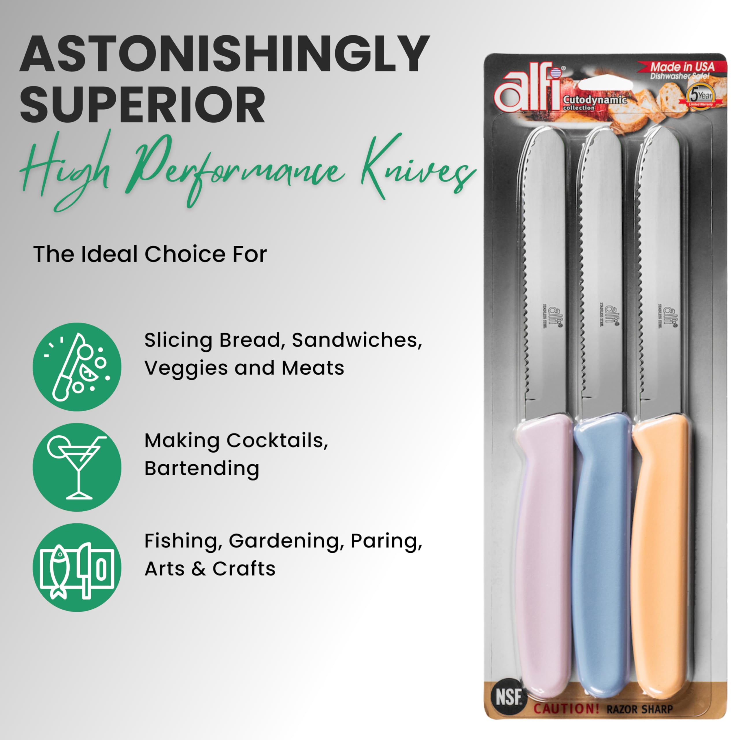 Alfi All-Purpose Knives Aerospace Precision Rounded Tip - Home And Kitchen Supplies - Serrated Steak Knives Set | Made in USA (3 Pack, Multicolor)