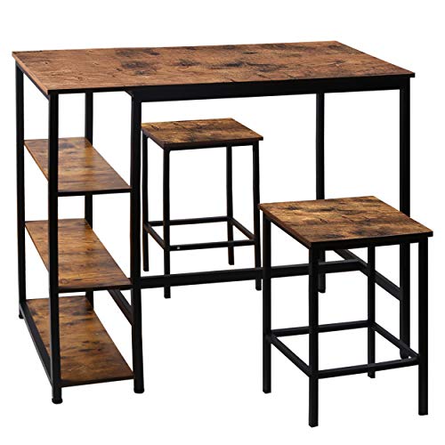 MUPATER High Industrial Bar Dining Table Set with Storage Shelves, Tall Counter Height Bar Table with Two Bar Stools and Foot Pads for Home, Kitchen and Living Room, Rustic Brown