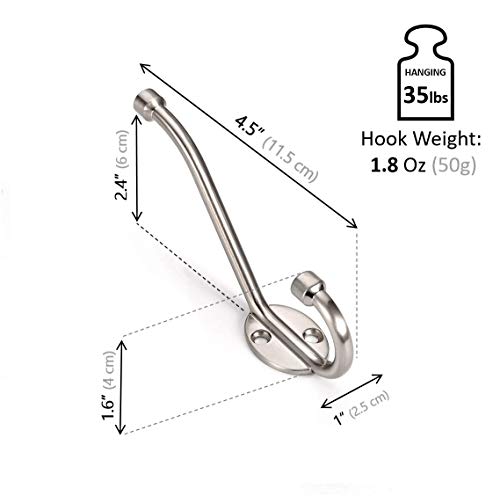 Wall Mounted Standard Decorative Heavy Duty Double Coat Hooks,5 Pack with Screws, Brushed Nickel by Ambipolar (6636-T310)