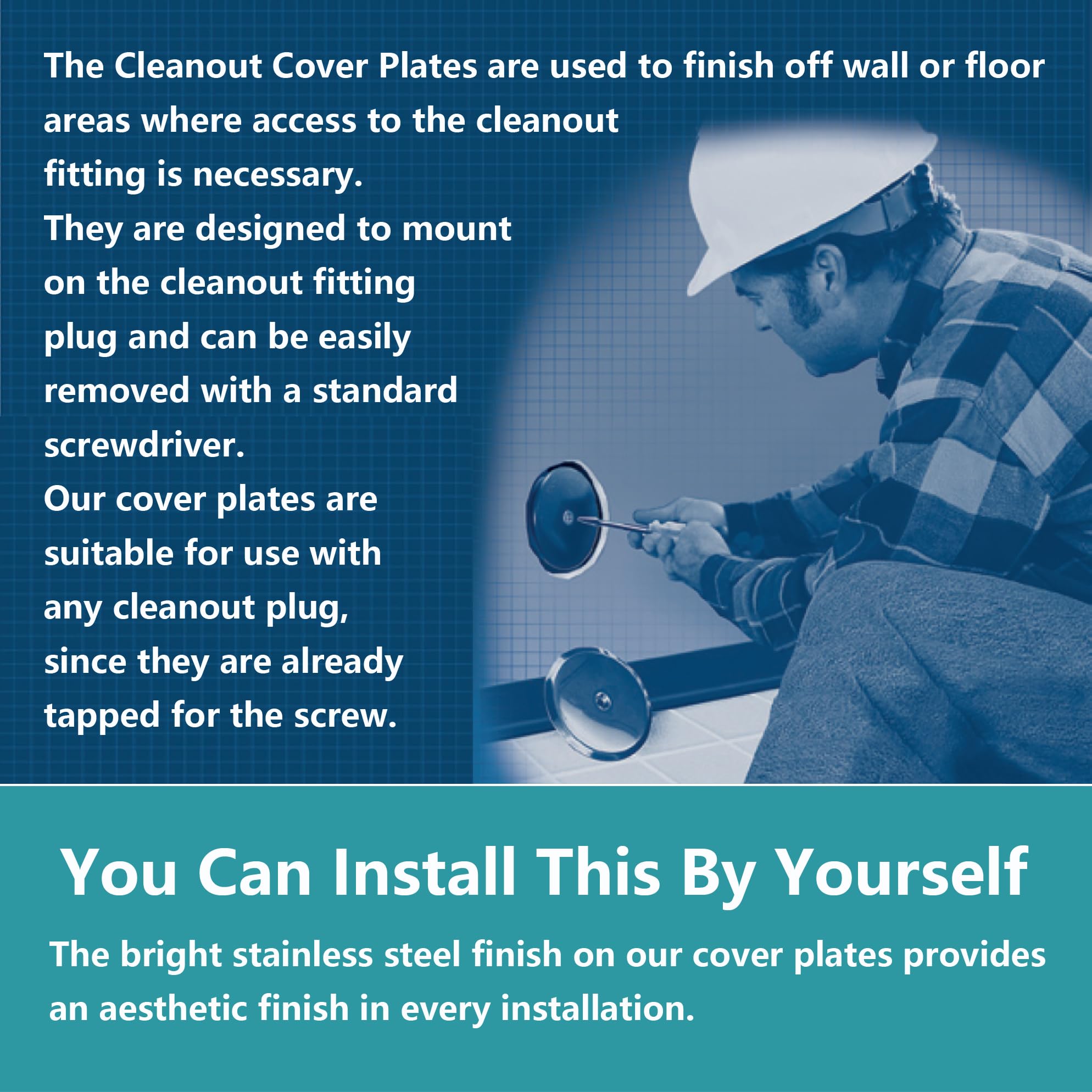 7" Black Decorative Cleanout Access Covers Plate, Flat Design Cover and Seals CO2530-SS7 For Back Deck Drains and Plug Hole with Large Center Securing Screw, Stainless Steel, Round