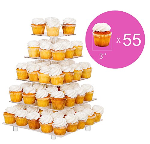 Jusalpha 5 Tier Square Cupcake Stand - Premium Cupcake Holder - Acrylic Cupcake Tower - Ideal for Weddings Birthday Parties, Candy Bar Decor 5SF-S (LED Light Option: Battery)…