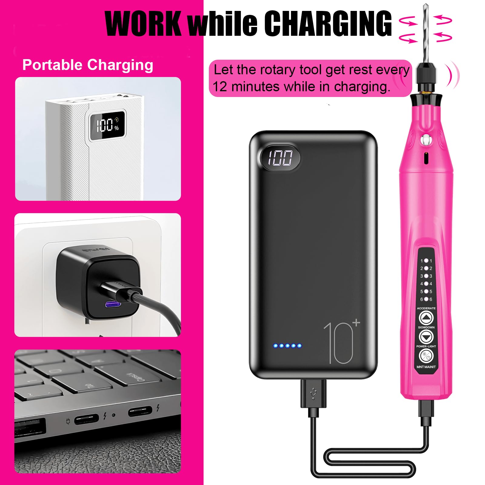 Cordless Rotary Tool, 6 Speed 4V USB Charging Rotary Tool Kits with 62 Accessories, Multi-Purpose Power Rotary Tools for Sanding, Cutting Polishing, Drilling, Engraving, DIY Creations. (Pink)
