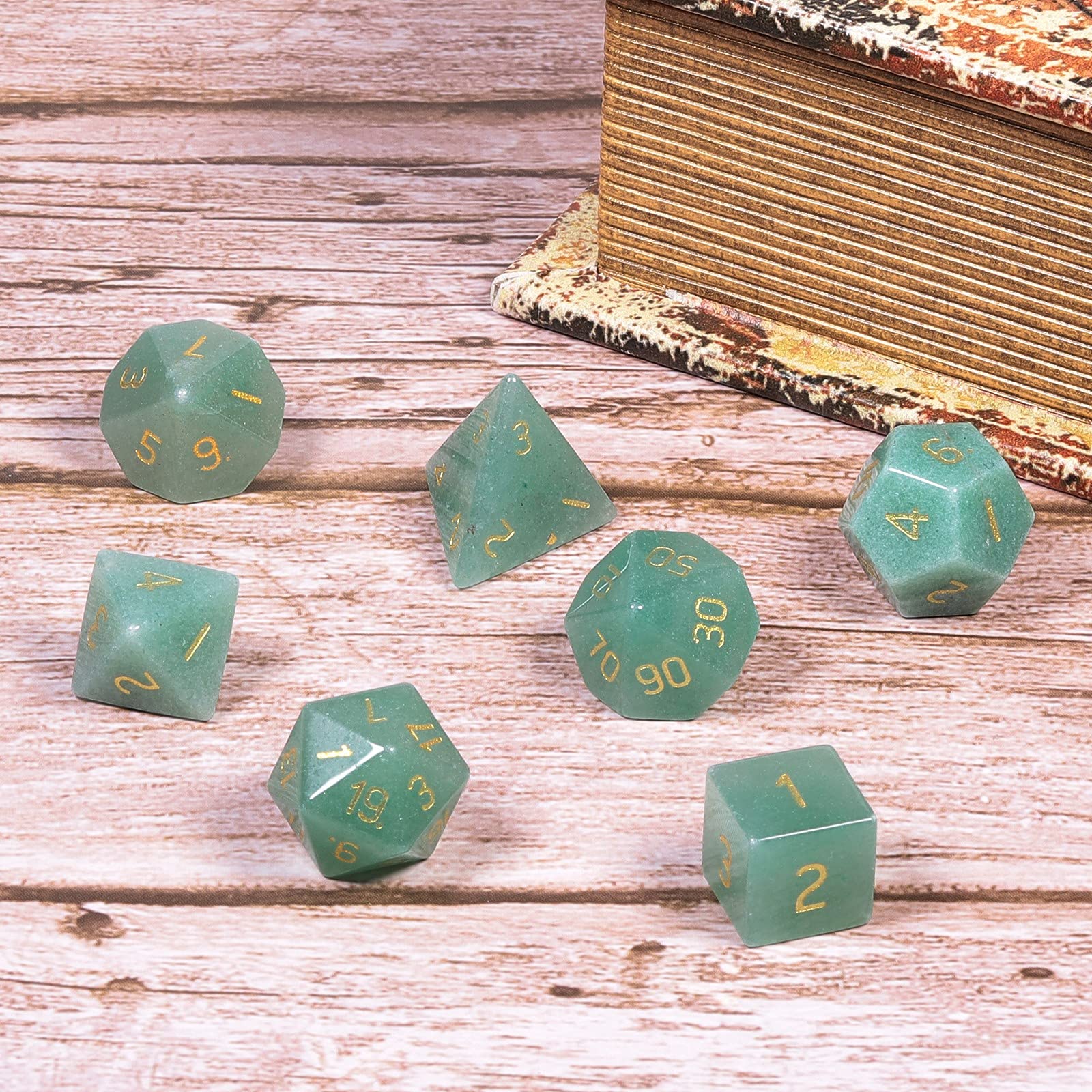 Amogeeli 7pcs Hand-Carved Crystal DND Dice Set, Stone Polyhedral Rolling Dice Kit for RPG MTG COC Table Game, Green Aventurine Stone