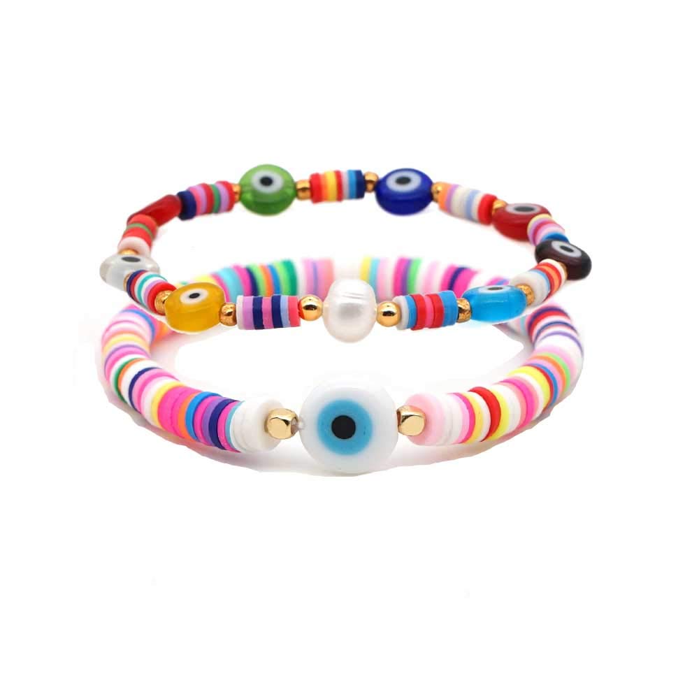 2Pcs/Set Rainbow Clay Beads Evil Eye Bracelets Set Stackable Beaded Handwoven Colorful Bracelet Surfer Summer Boho Layering Friendship Jewelry for Women Men Girls Boys Beach Gift