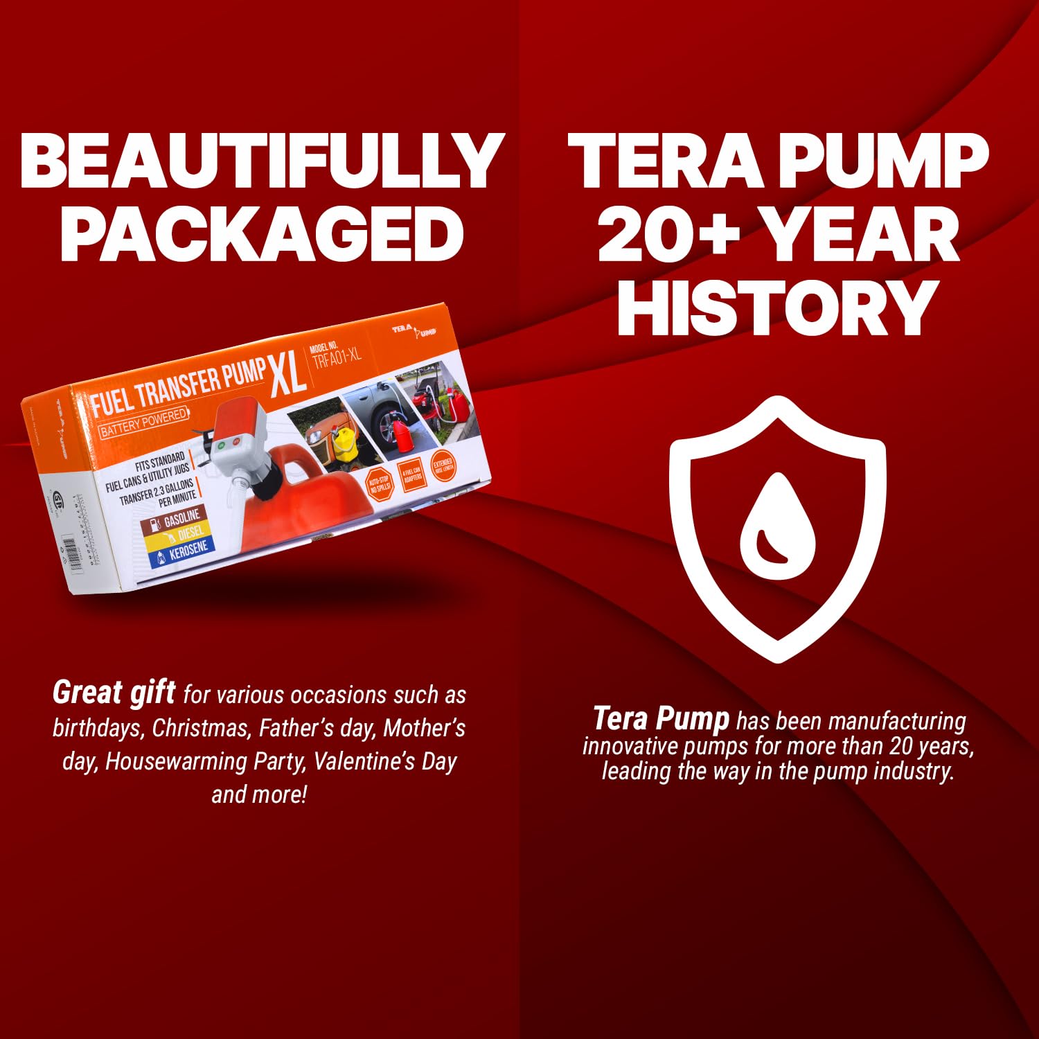 2PK of TERA PUMP TRFA01-XL 4 AA Battery Powered AUTO STOP Pump - Included 4x Gas Can/Racing Can Fittings 4.25ft Long Hose [ 2.3 GPM ] Transfer Rate For Gas Diesel E15 E85 Fuels (Gas Can Not Included)