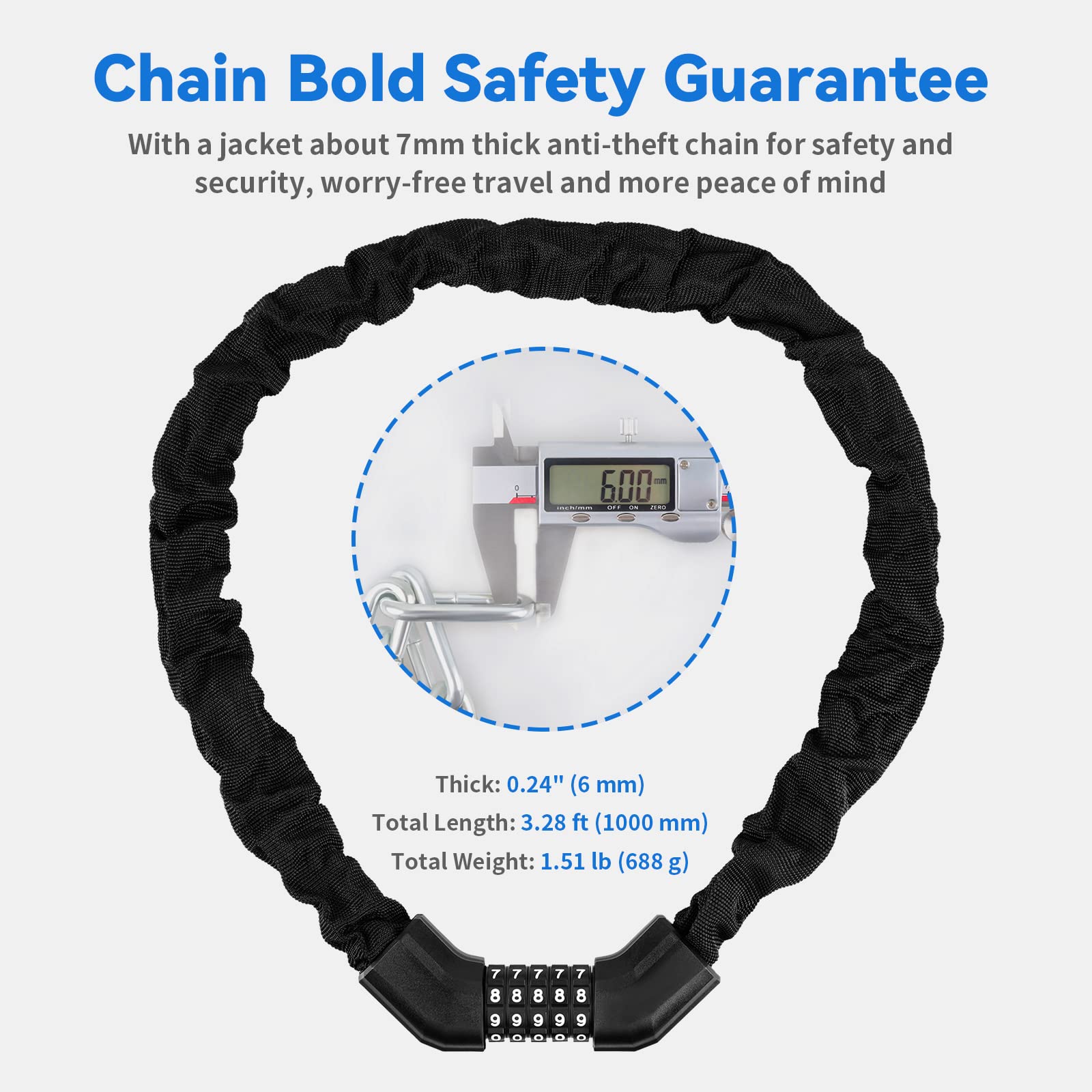 3.2FT Bike Chain Lock, 5-Digit Resettable Combination Code, Heavy Duty Anti Theft Bike Chain Lock, for Bicycles/Motorcycles/Scooters/Collapsible Doors, Black Color