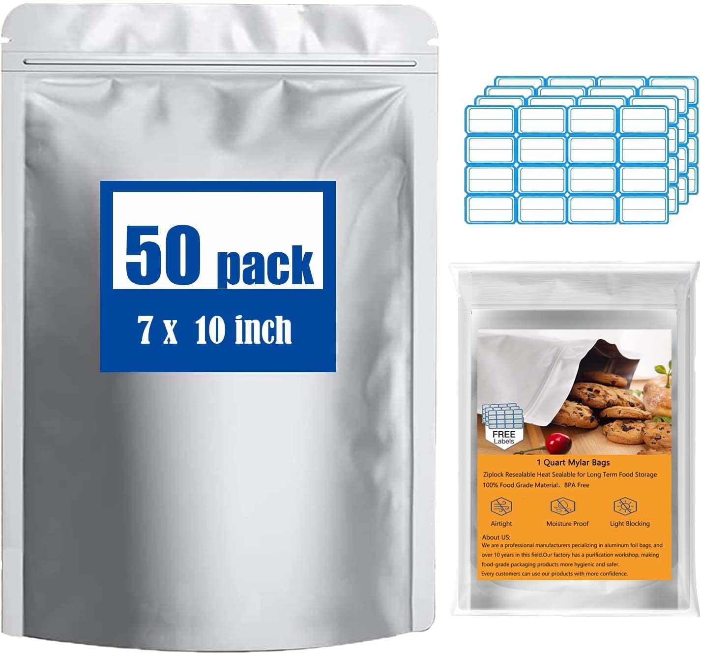 50 Mylar Bags for Food Storage, Mylar Bags 1 Quart 7"x10"- Thick 10 Mil, Stand-Up Vacuum Sealing Sealable and Ziplock Resealable Bags - Odor Free Heat Resistant, Airtight Food Storage Foil Bags