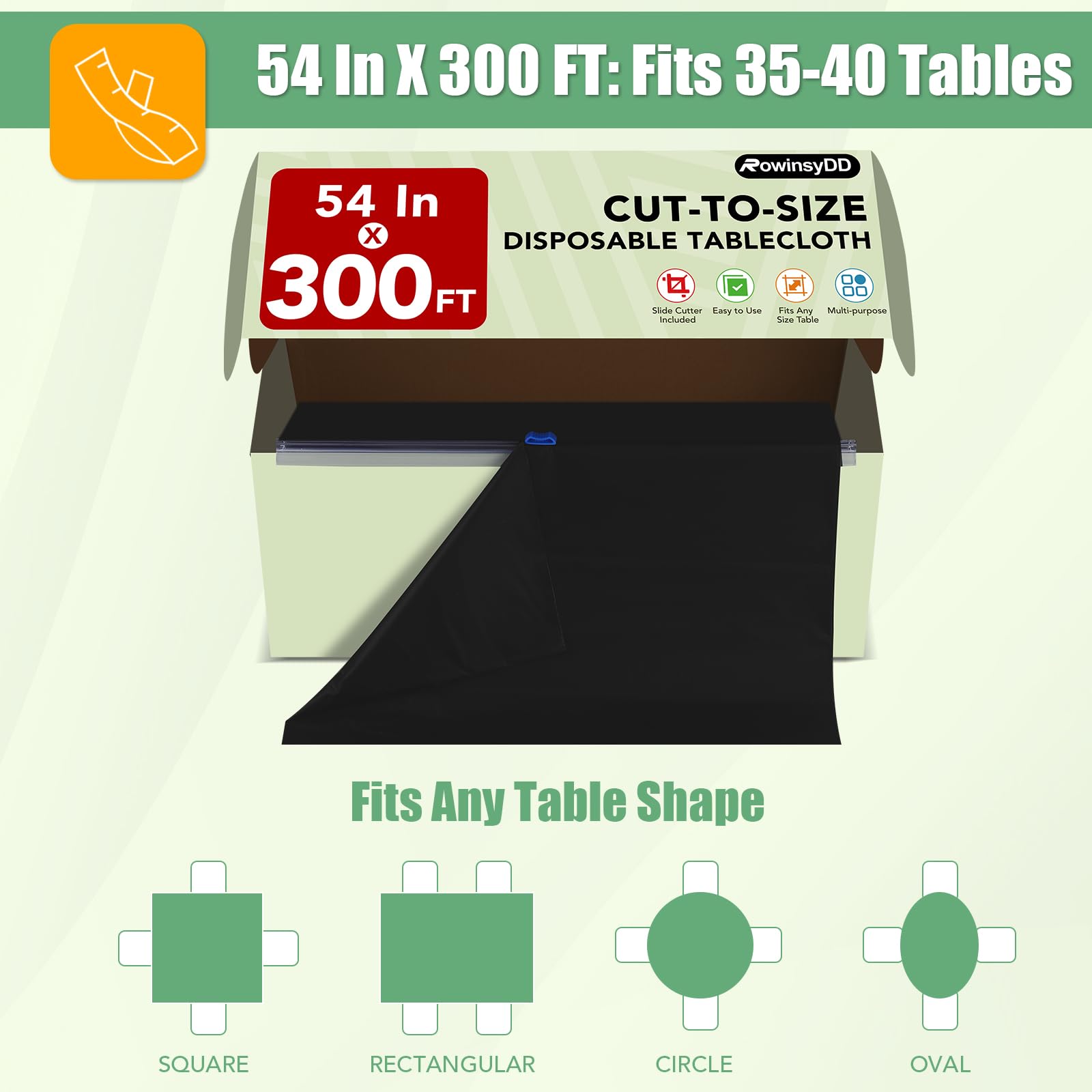 54 in X 300 FT Black Plastic Table Cover Roll with Slide Cutter,Cuts Up to 36 Rectangle 8 Feet Disposable Plastic Table Cloths,Disposable Table Cover Roll for Dinning,Parties,BBQ,Wedding,Outdoor