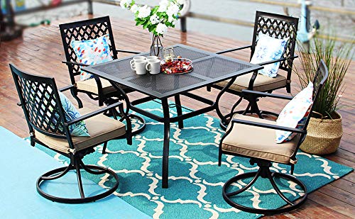 PHI VILLA Outdoor Patio Dining Set 5 Pieces Metal Furniture Set, 4 x Swivel Chairs with 1 Rectangular Umbrella Table for Ourdoor Backyard Bistro with Cushion