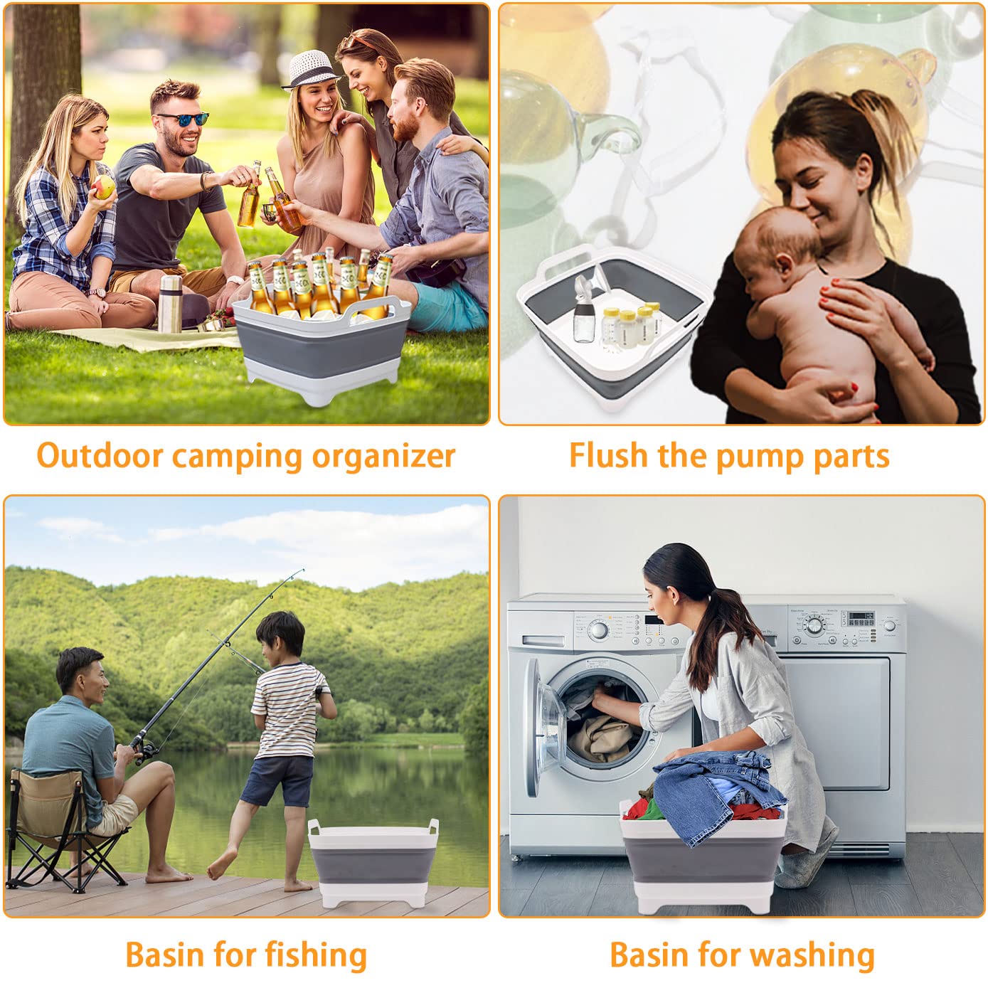 2.4 Gal(9L) Collapsible Dish Basin with Drain Plug, Space Saving Outdoor Multiuse Foldable Sink Tub, Dishpan, Kitchen Storage Tray for Camping, Vegetable Washing, RV (Grey)