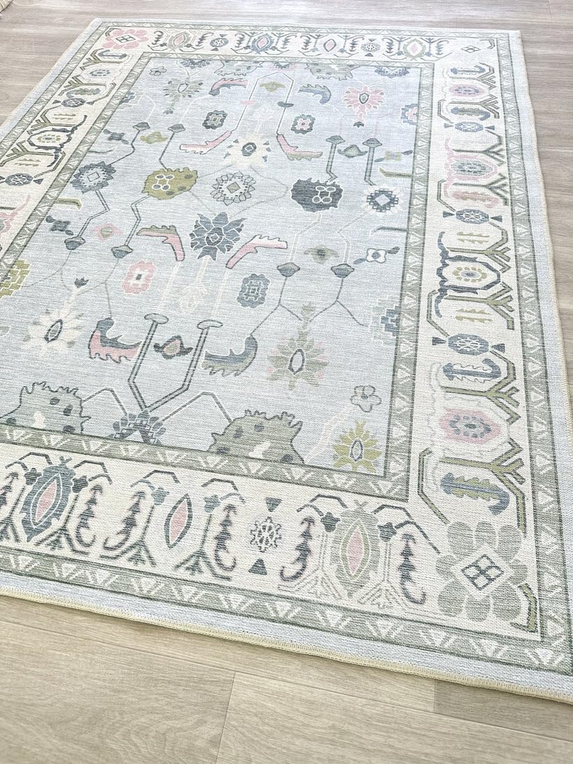 Cream Blue Oushak Rug, Modern Rugs, Vintage, Turkish, Eclectic, Floral, Pastel, Washable, Small Throw, Accent Area Rug for Living Room, Bedroom, Kitchen, Bathroom, 2'5"x4'9
