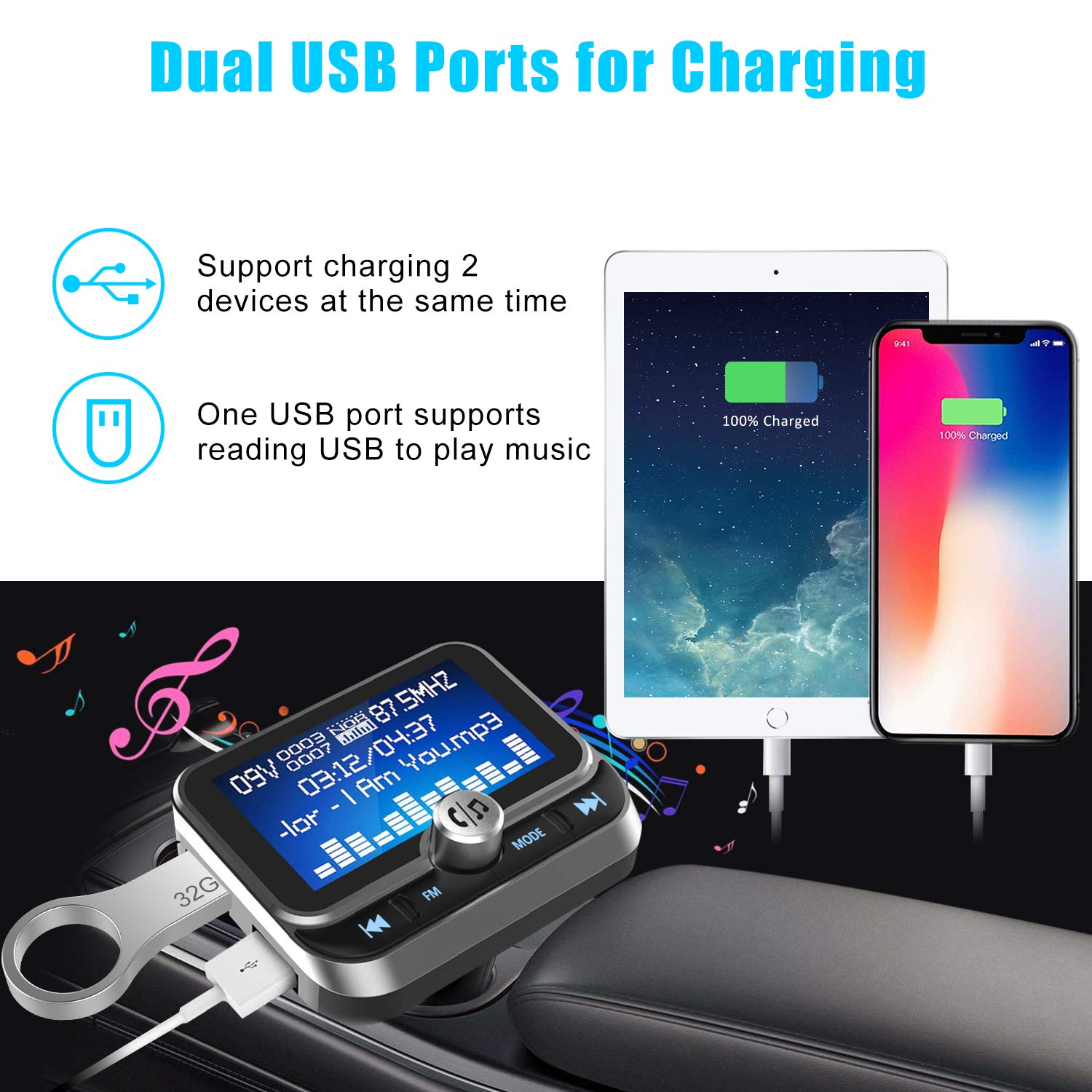 ToHayie Bluetooth FM Transmitter for Car, Transmitter Bluetooth Car Wireless Radio Adapter Hands-Free Car Kit with 1.8 inch Display, Dual USB Car Charger, AUX Input/Output, TF Card Mp3 Player, Silver