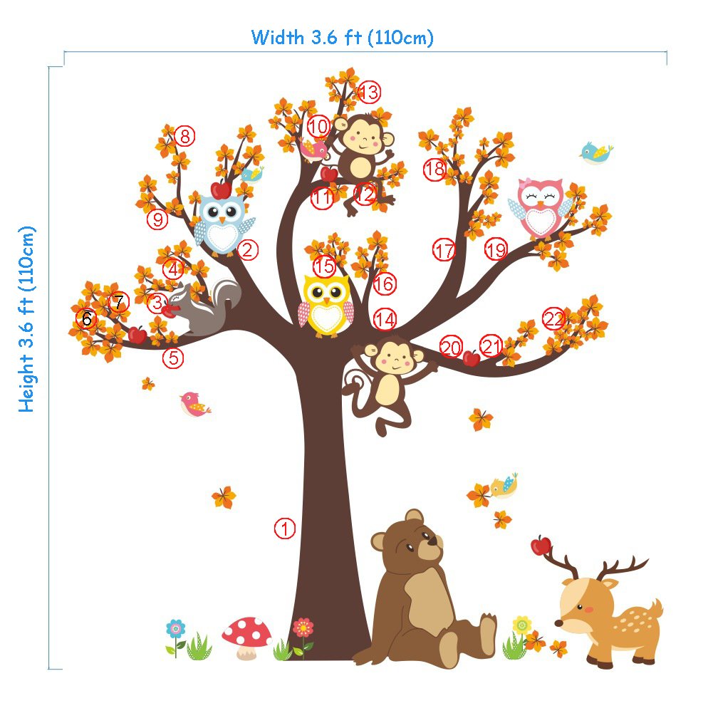 ElecMotive Jungle Wild Animal Vinyl Wall Sticker Decals for Kids Baby Bedroom (Owl Monkey Bear)