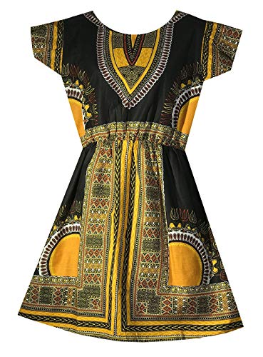 Decoraapparel Girls Dashiki Caftan African Short Baby Doll Dress Above Knee Length (X-Large, Black Yellow)