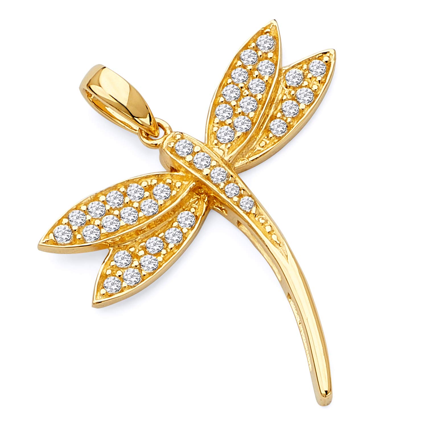 14k REAL Yellow Gold CZ Dragonfly Charm Pendant